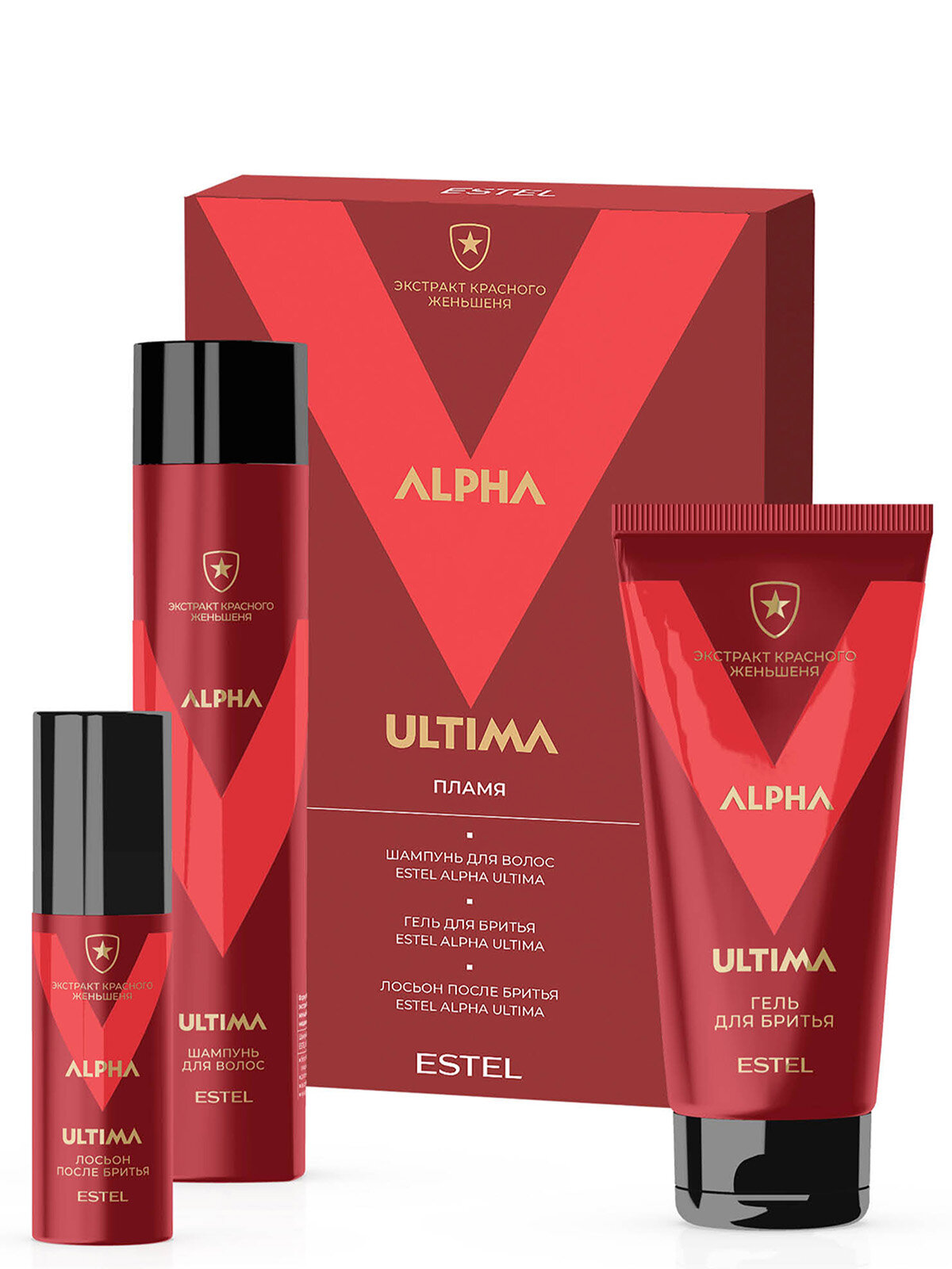 Подарочный набор для мужчин ESTEL PROFESSIONAL Alpha Ultima пламя: шампунь, гель для бритья и лосьон 300+2*100 мл