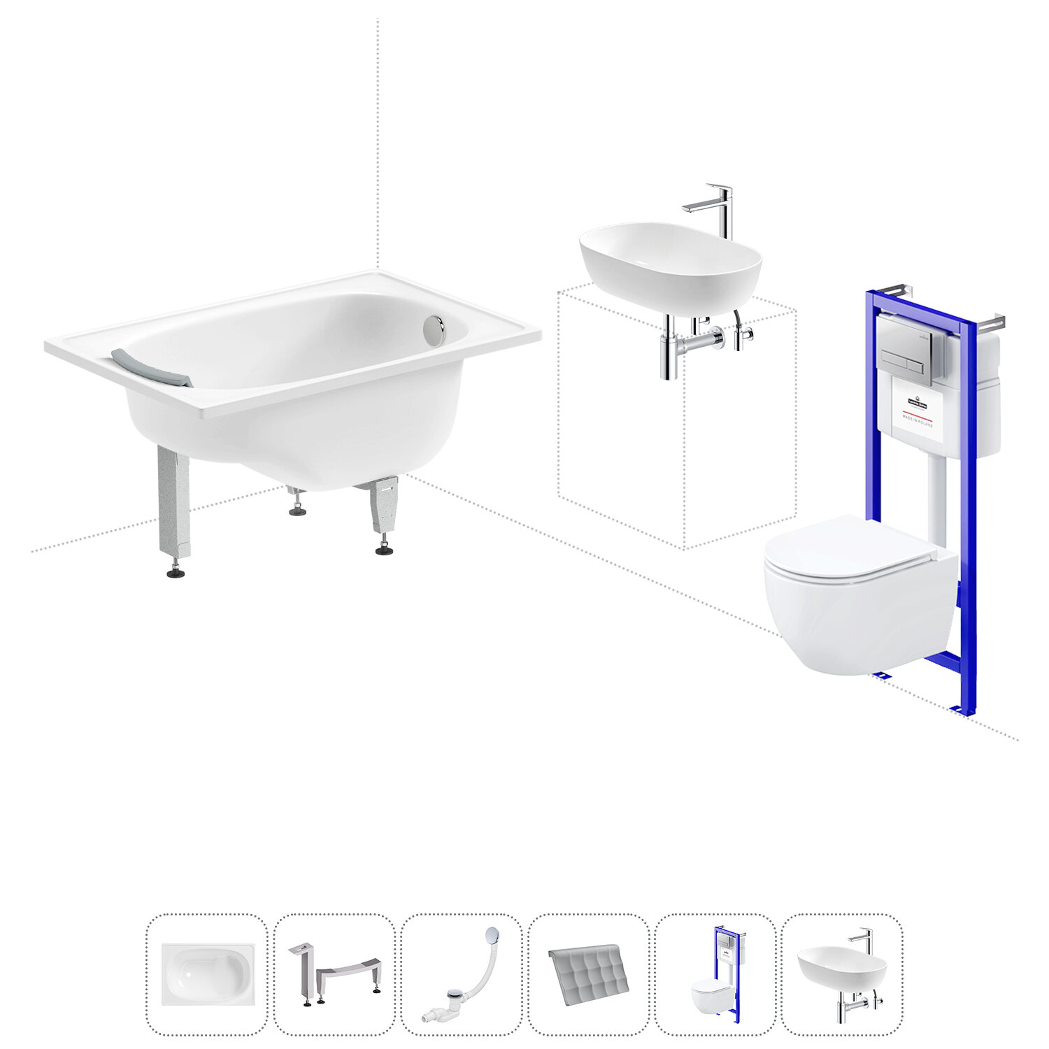 Стальная ванна 105х70 Sanitana BLB Europa Mini 20220753R в наборе 6 в 1: металлическая ванна 105 х 70 см с сиденьем, ножки, слив-перелив, подголовник, инсталляция с унитазом, раковина с комплектом для подключения
