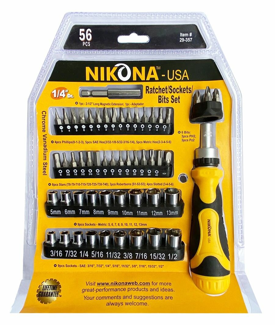 Набор бит и головок "NIKONA" с реверс. отверткой (56пр) 29-357