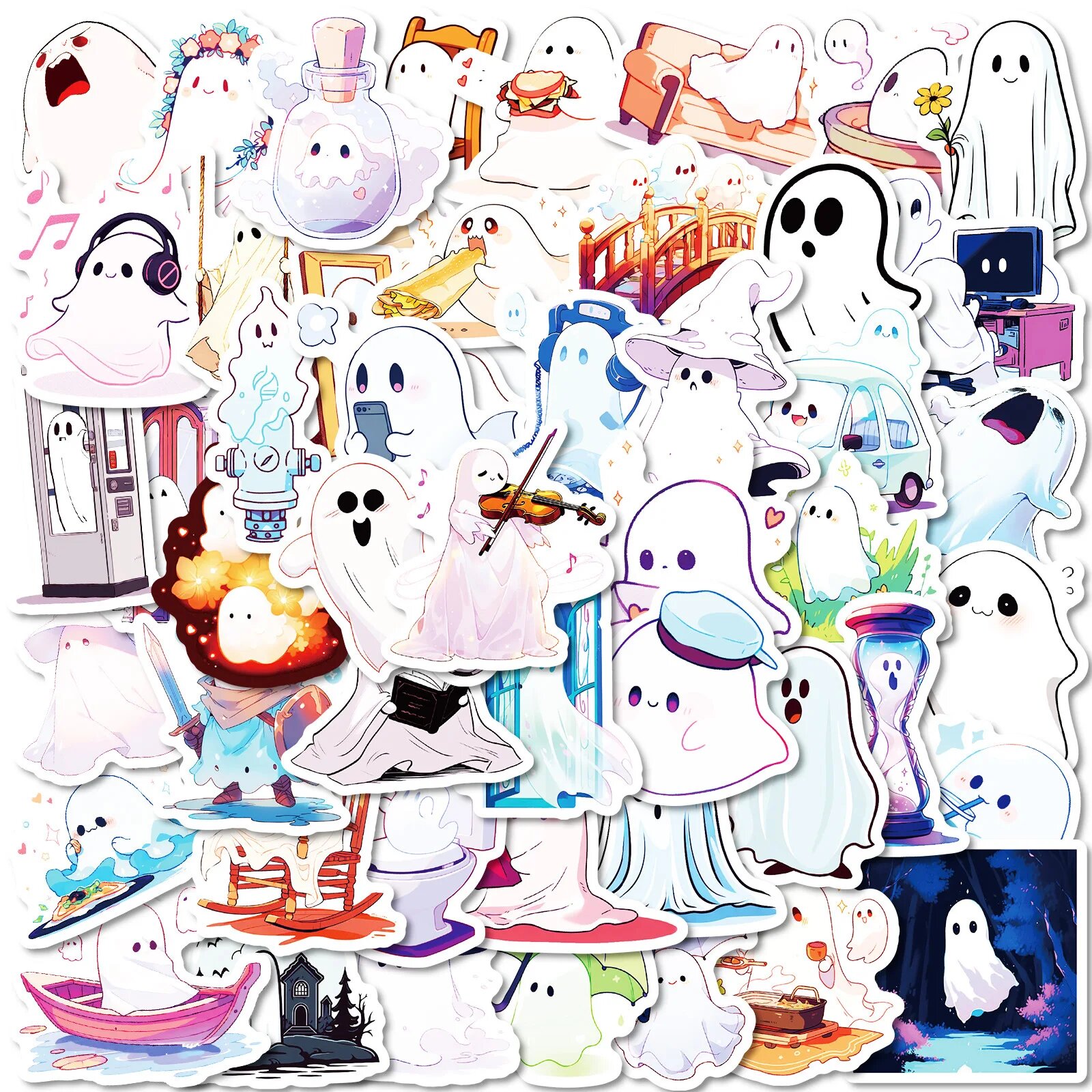 50 шт. забавный мультяшный белый призрак, милая тема, граффити, наклейки, эстетические наклейки для ноутбука, телефона, багажа, скрапбукинга, автомобиля, наклейки, подарки