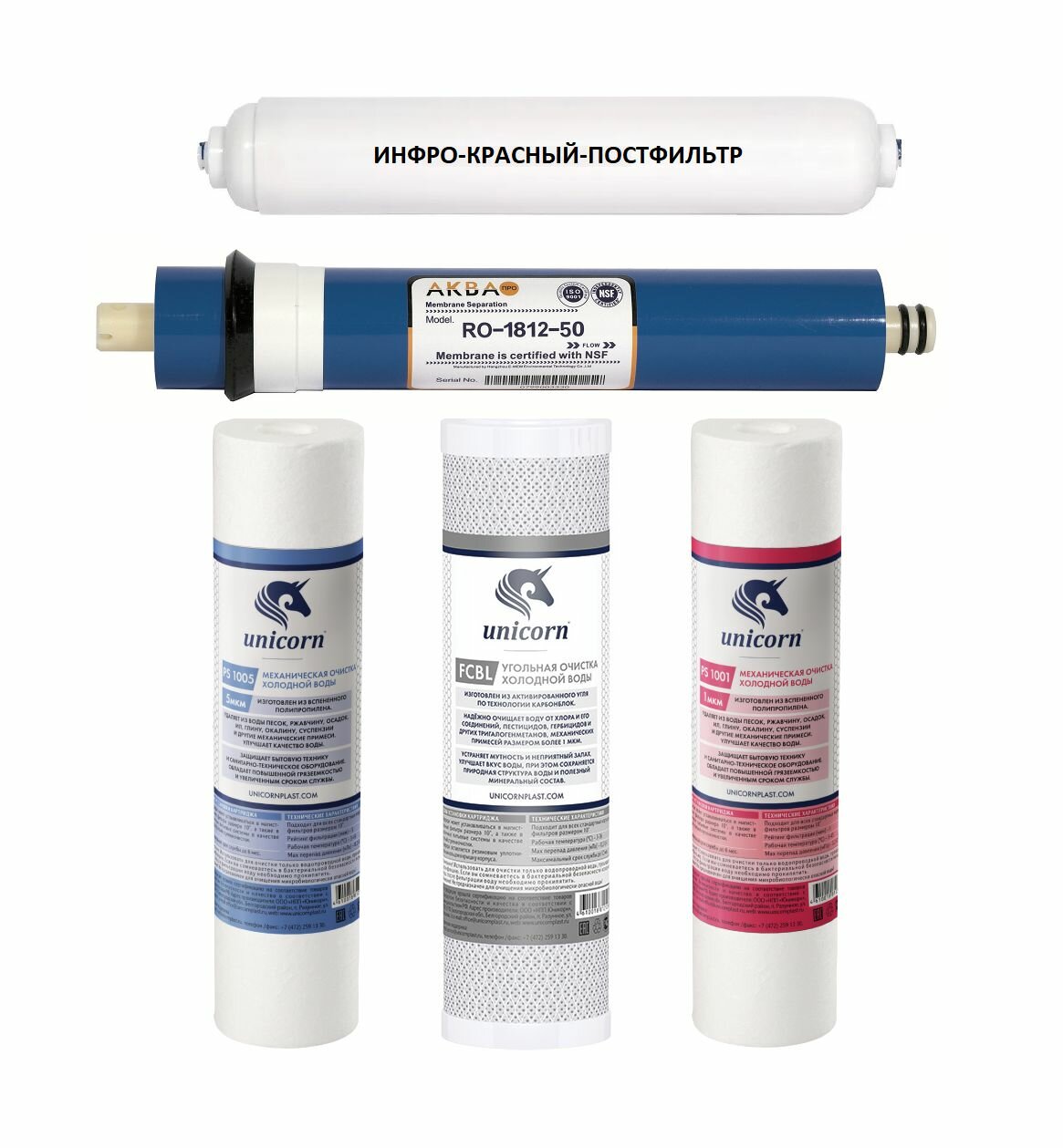 Комплект сменных картриджей к осмосу 5 ступеней Standart с инфра-красным минеральным постфильтром, Гейзер престиж и олегро, осмо 50 и Барьер и другим системам