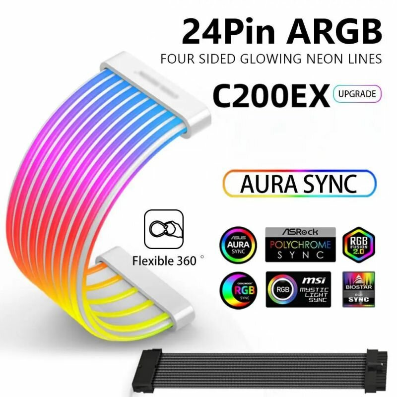 Светодиодная лента ARGB 5 В для удлинительного кабеля питания материнской платы 24PIN. Гибкая светодиодная лента Aura Sync. Комплект для самостоятельной сборки.