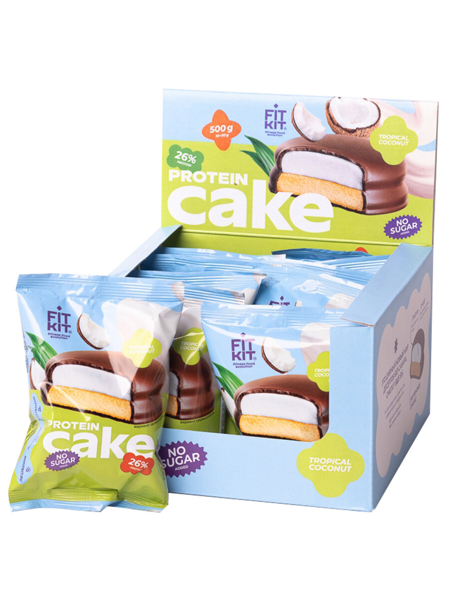 Протеиновое пирожное, печенье без сахара FIT KIT Protein Cake - 10х50 г, тропический кокос