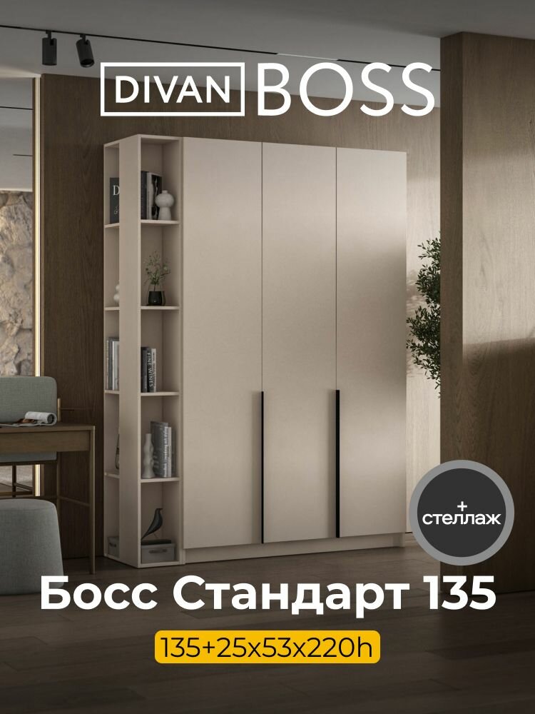 Шкаф распашной, BOSS STANDART, 160х53х220 см, 3х дверный со стеллажом, кашемир