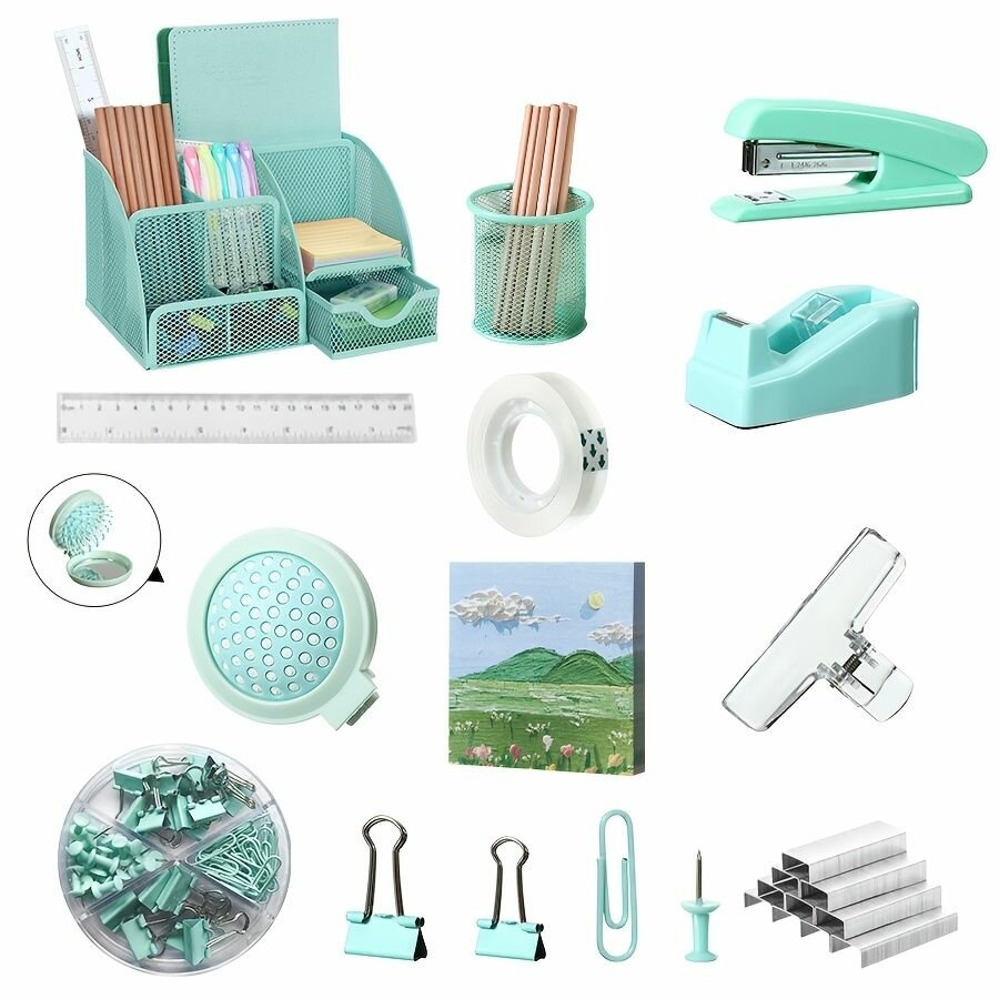 Набор железных металлических настольных принадлежностей 11 в 1, металлический держатель для ручек, степлер, резак для ленты, круглая зеркальная расческа, записная книжка