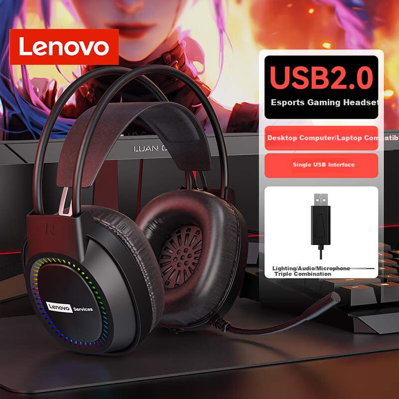Lenovo E03 Gaming Headset with Headband Microphone for Computer, Laptop, Online Classes, Study, Customer Service, and Esports Gaming, Compatible with Desktops and Laptops with USB Port