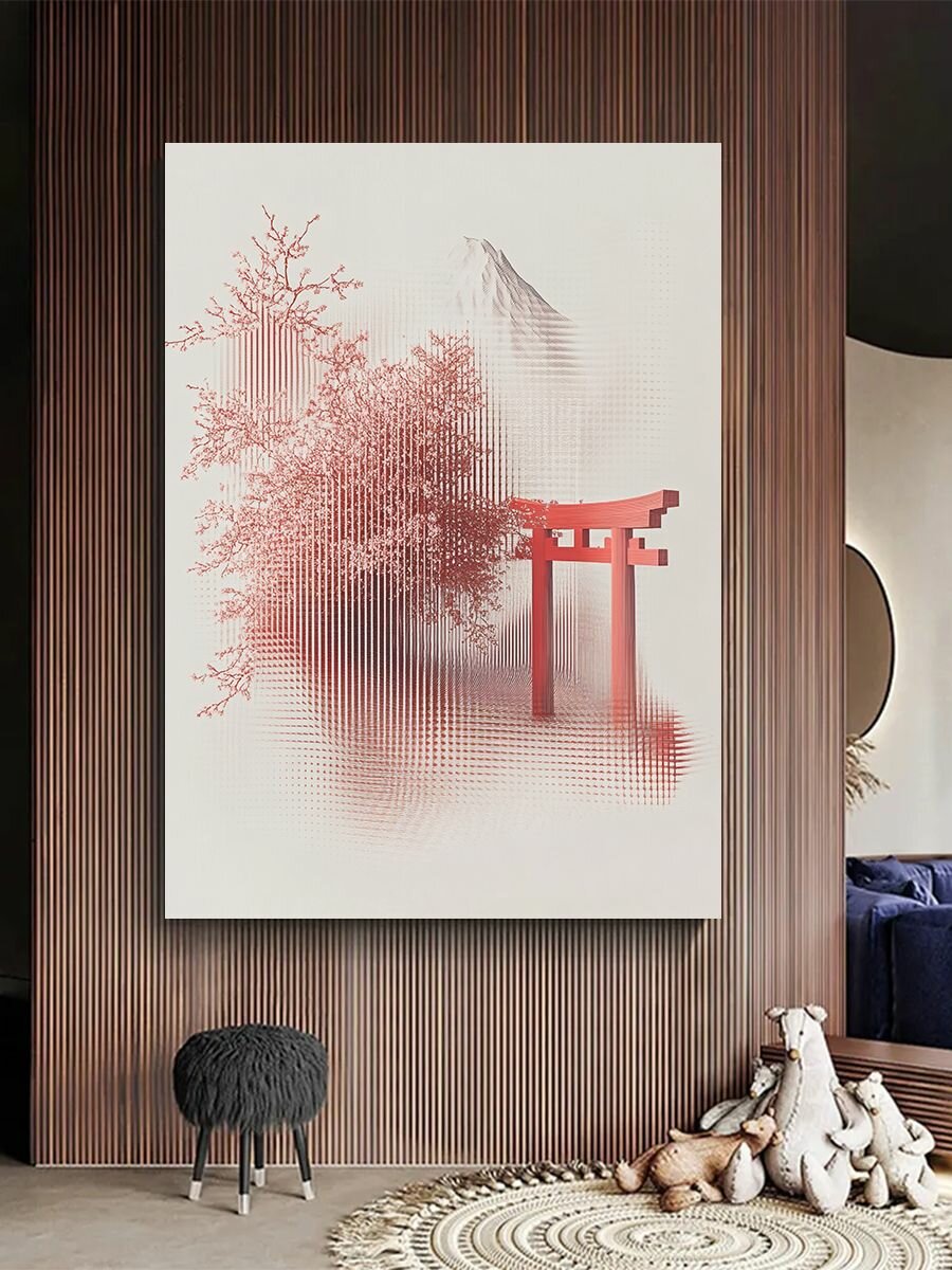 Картина на холсте - "Пейзаж в японском стиле / гора Фудзи и сакура" , 30х40 см.