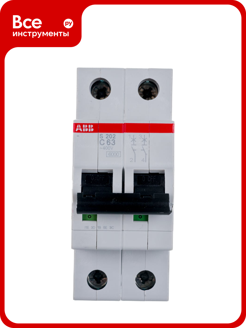 Автоматический модульный выключатель ABB 2п C S202 6кА 63А 2CDS252001R0634