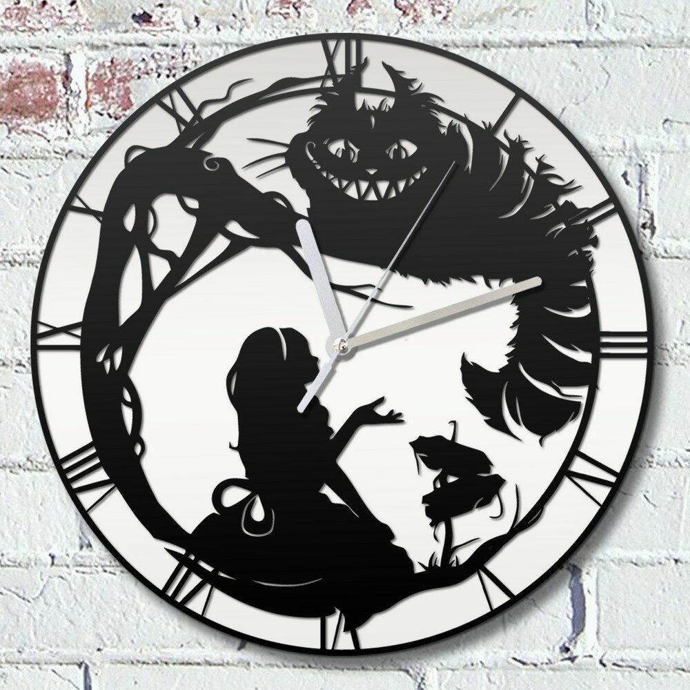 Настенные деревянные бесшумные часы сказки алиса в стране чудес (шляпник, чеширский кот, кролик, стимпанк) - 5036