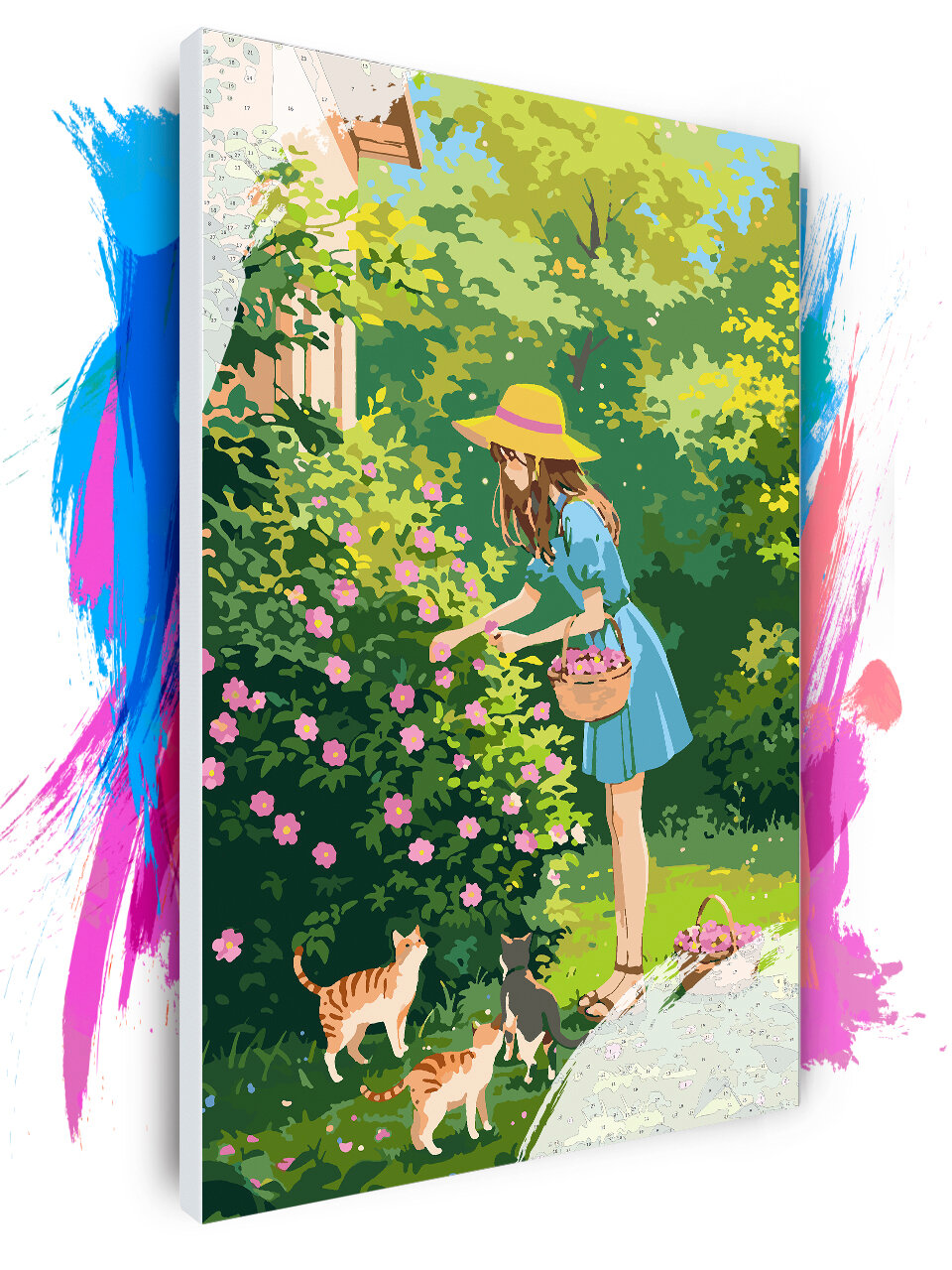 Картина по номерам на холсте Три кота и цветы шиповника, 40 х 60 см
