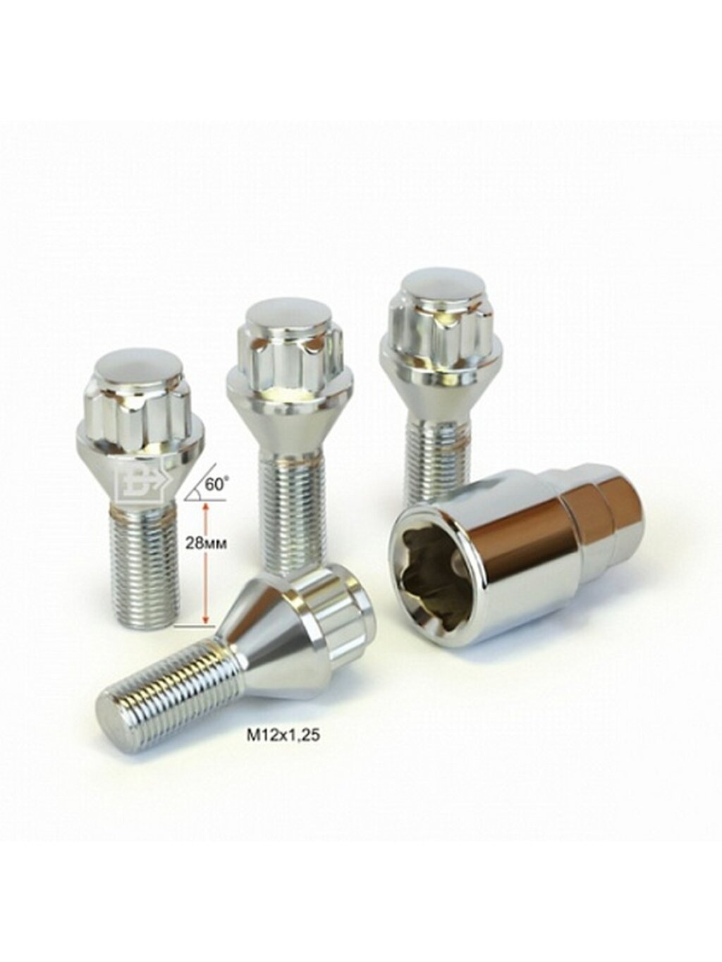 Болт колесный секретный M12х28х1,25 ( конус c буртиком, 5 лучей 1 ключ)
