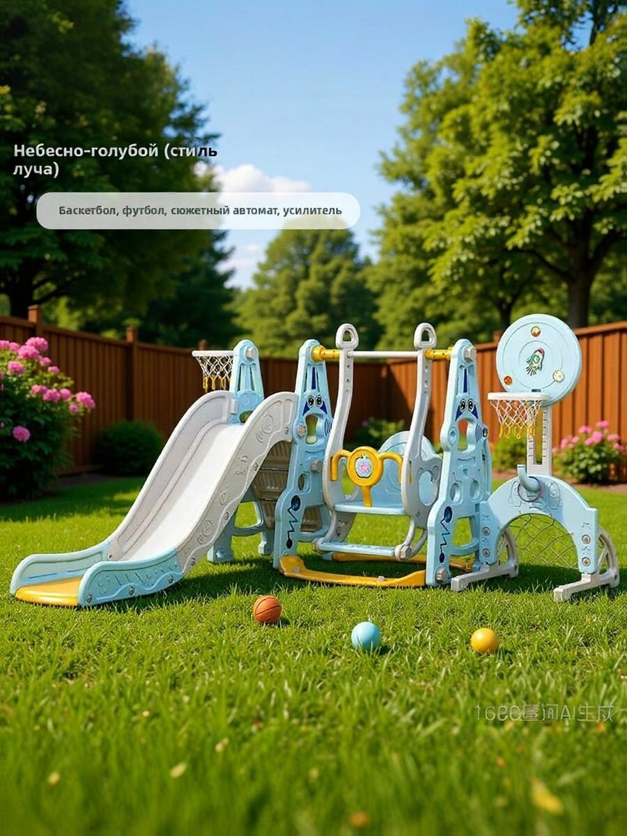 Детская горка, качели, баскетбольные кольца и бассейн с мячами