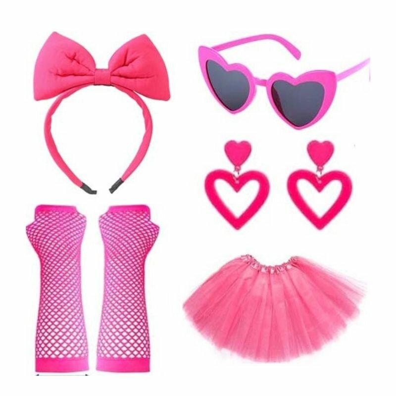 Красная повязка на голову, серьги в форме сердца, перчатки сеточку, одежда-комплект из 5 предметов