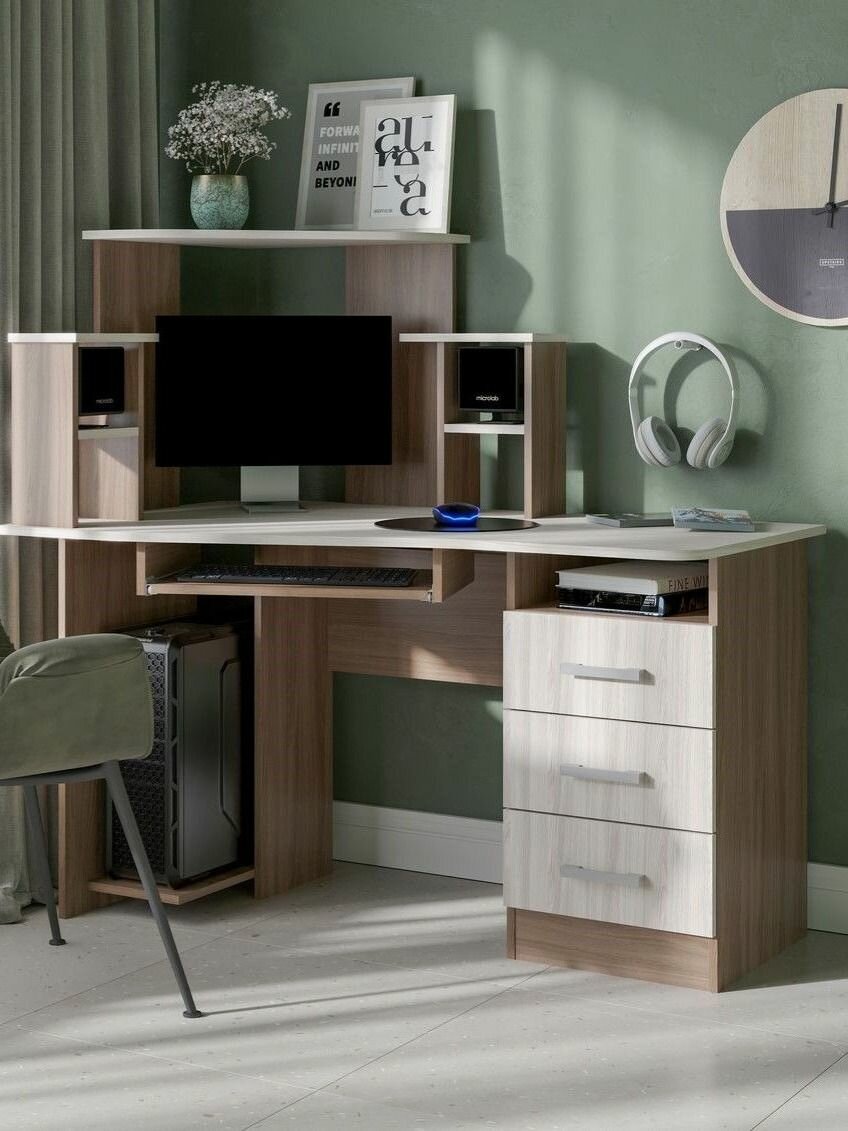 Стол компьютерный угловой, 130 см, шимо темный/шимо светлый, 1 шт.