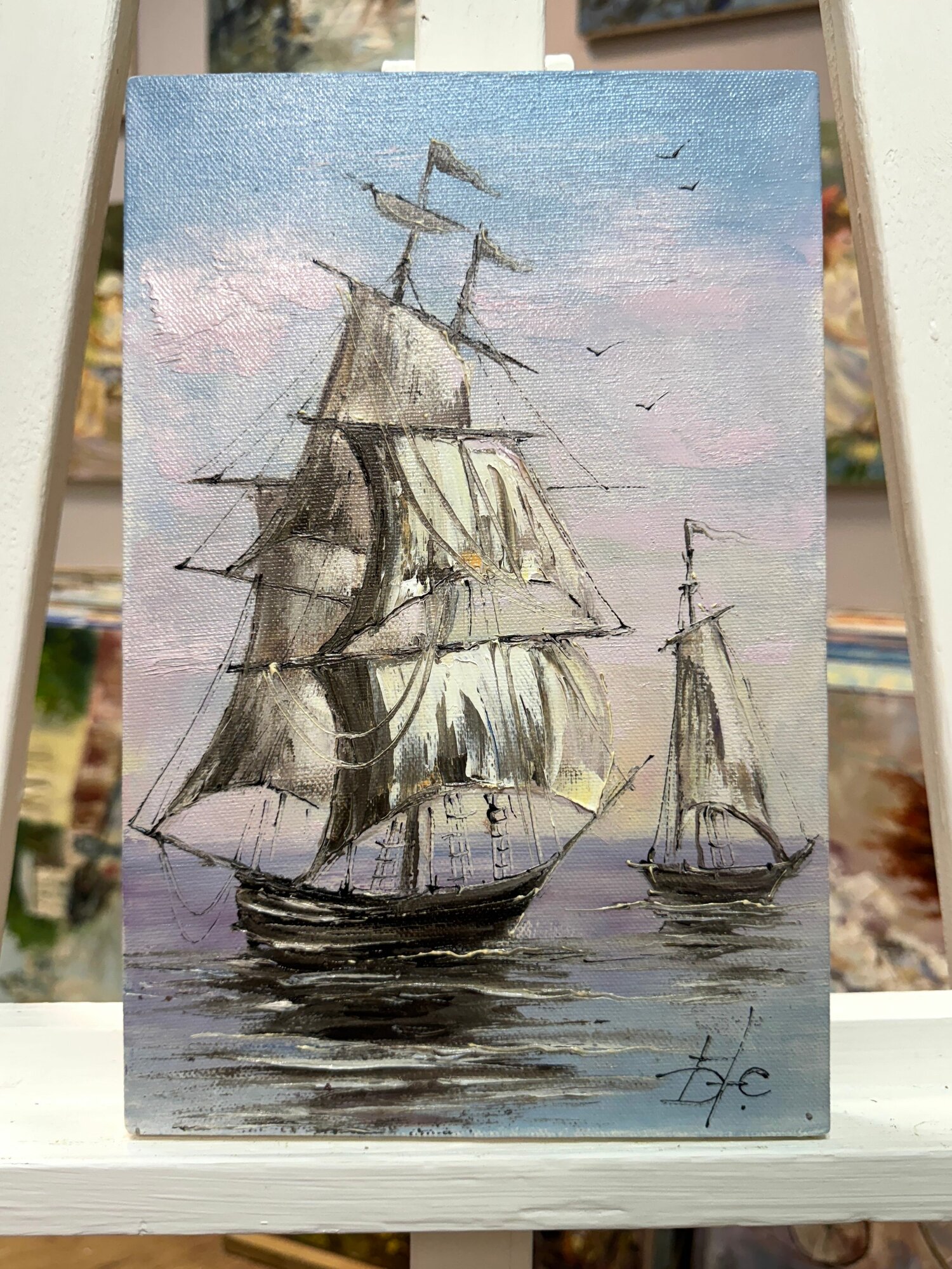 Картина маслом Морской пейзаж Парусники Корабли 20х30 см. Художественная мастерская Грёзы.