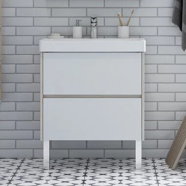 Тумба с раковиной AQUATON Сканди 70 подвесная, 70, 5 см, белая, светлое дерево, глянцевая, с ящиками, раковина для ванной фарфоровая, прямоугольная, встроенный слив-перелив