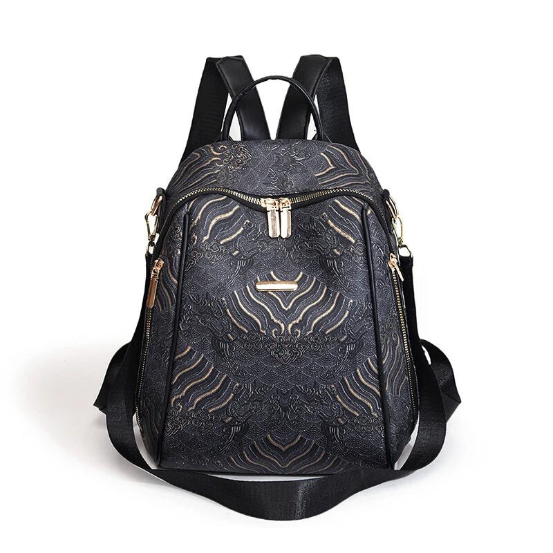 Новый женский рюкзак в китайском стиле, повседневная универсальная дорожная сумка большой Black