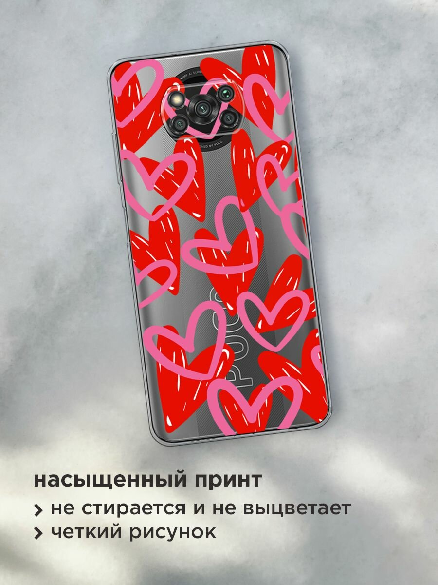 Чехол на Xiaomi Poco X3/X3 Pro / Поко X3/X3 Pro с принтом "Hearts doodles - 14 февраля", прозрачный — фото 1