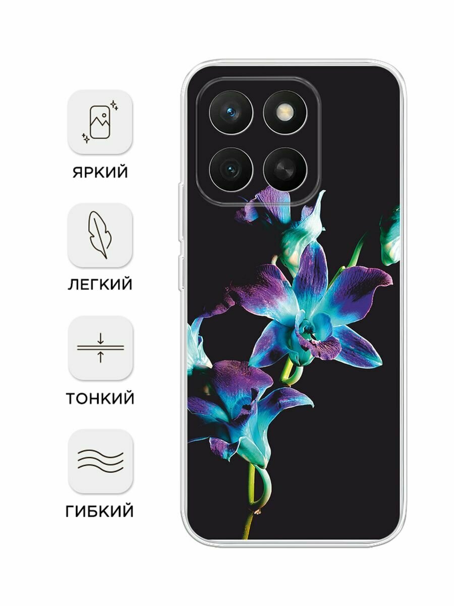 Чехол на Honor X8c / Хонор X8c с принтом "Синий цветок на черном" — фото 1