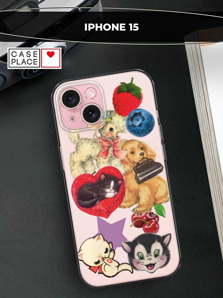 Чехол на Apple iPhone 15 / Айфон 15 с принтом "Милые стикеры", прозрачный