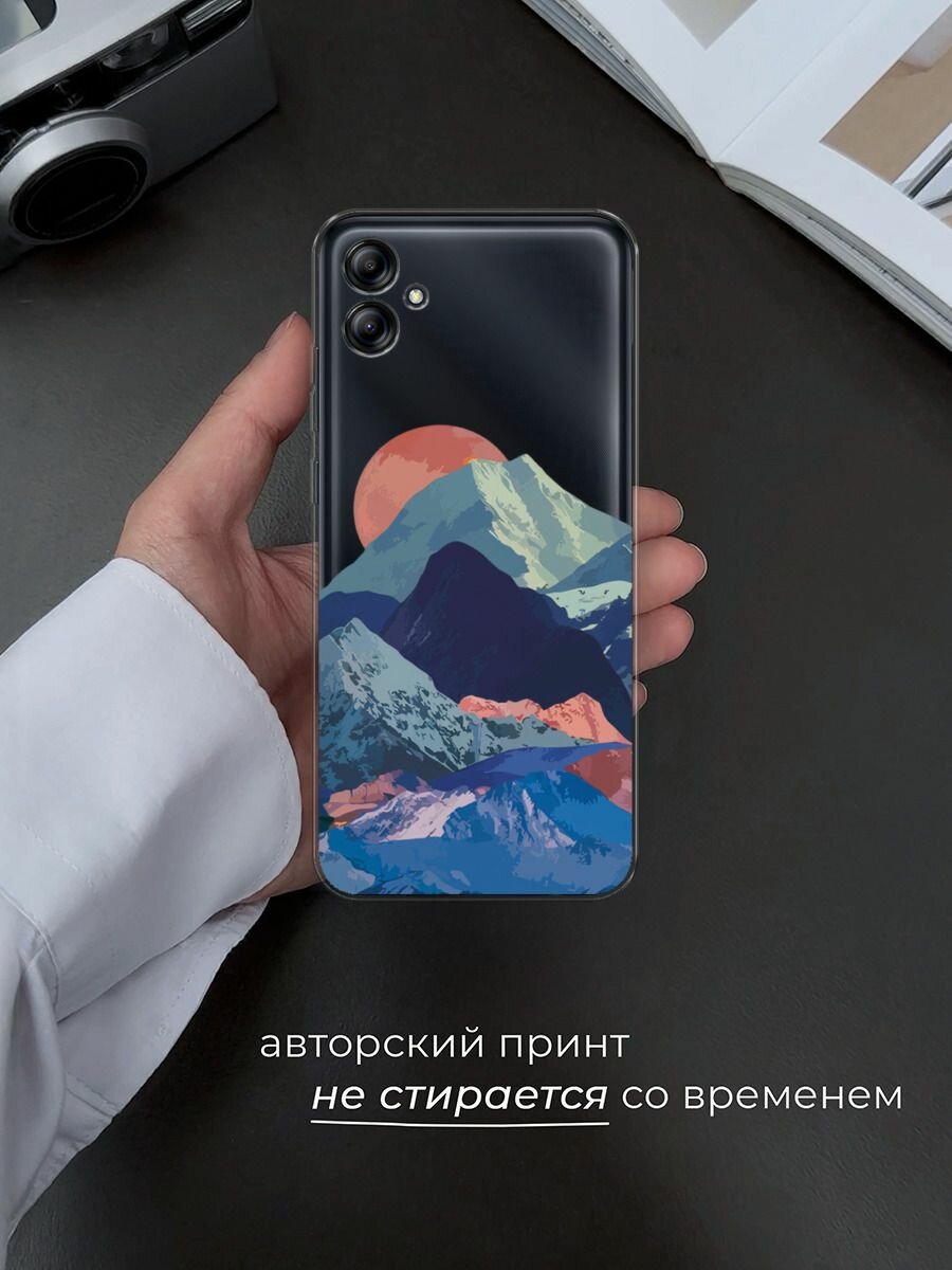 Чехол на Samsung Galaxy A04e / Самсунг A04e с принтом "Закат в снежных горах", прозрачный — фото 1