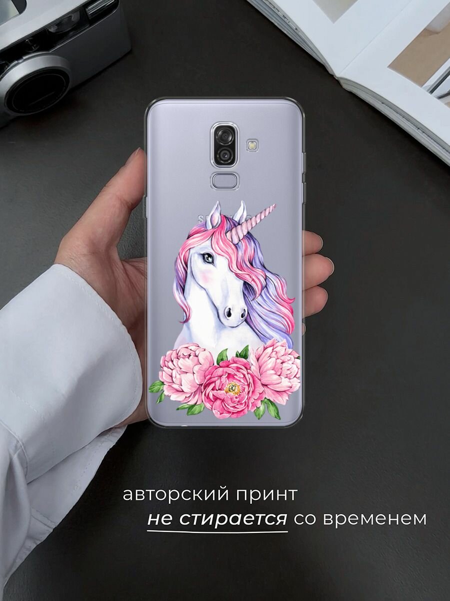 Чехол на Samsung Galaxy J8 / Самсунг Галакси Джей 8 с принтом "Единорог с пионами", прозрачный — фото 1