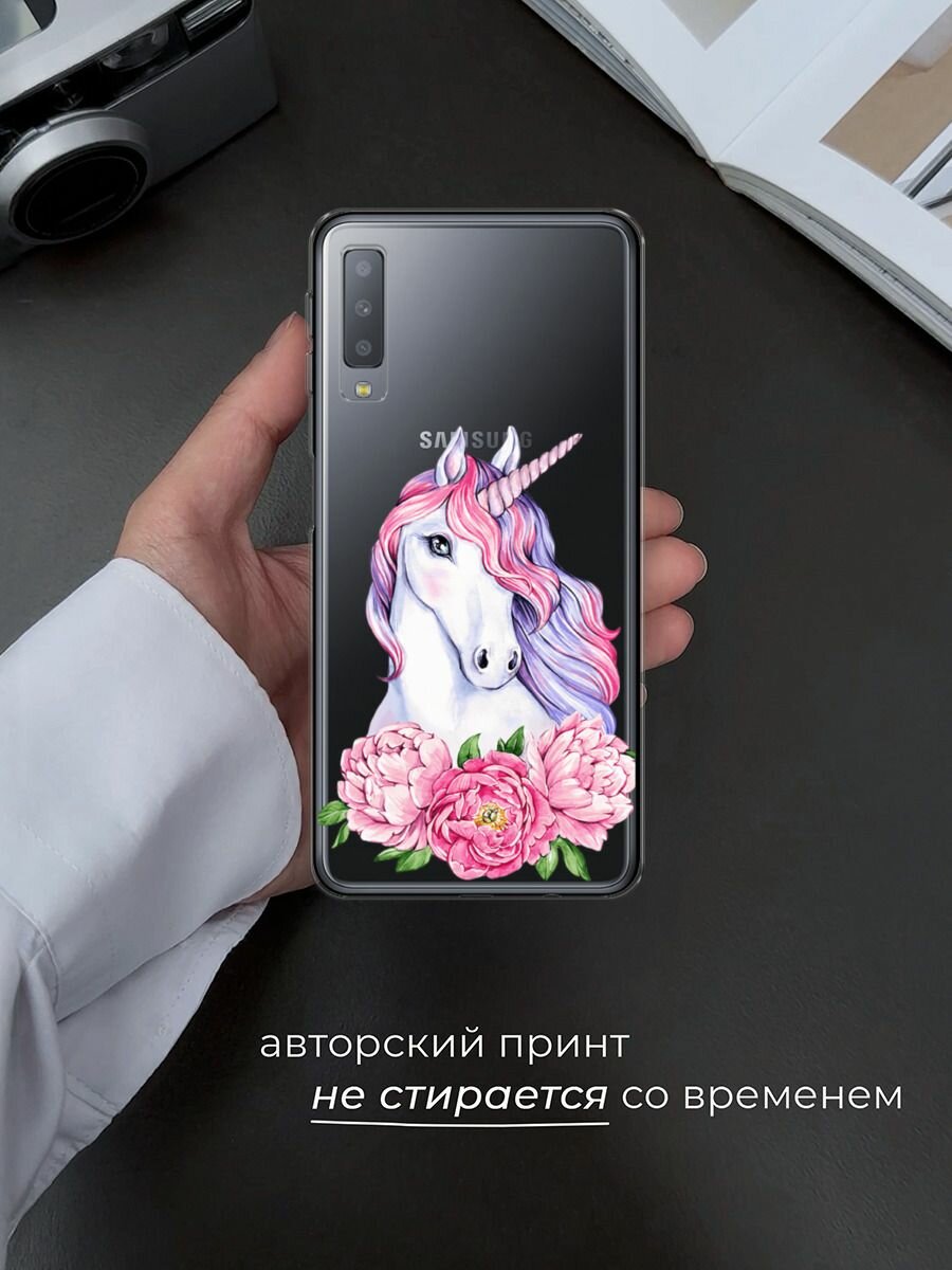 Чехол на Samsung Galaxy A7 2018 / Самсунг Галакси А7 2018 с принтом "Единорог с пионами", прозрачный — фото 1