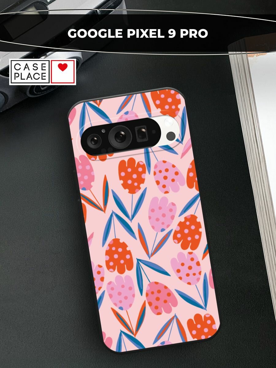 Черный матовый чехол на Google Pixel 9 Pro / Гугл Пиксель 9 Про с принтом "Тюльпаны в горошек - 8 марта"