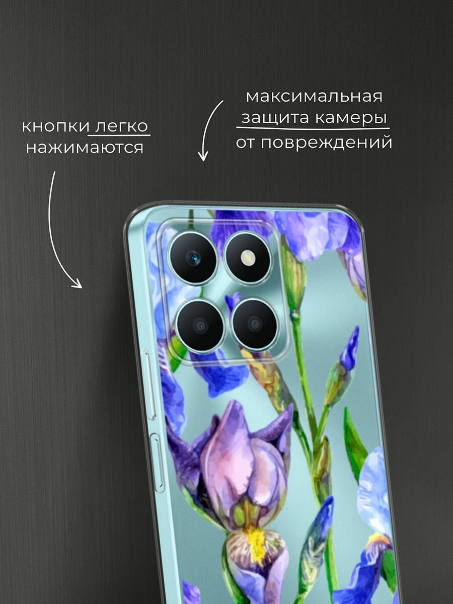 Чехол на Honor X6A / Хонор X6A с принтом "Синие ирисы", прозрачный — фото 1