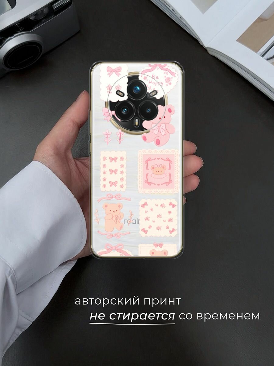 Чехол на Realme 14 Pro+ / Реалми 14 Про+ с принтом "Розовые марки", прозрачный — фото 1