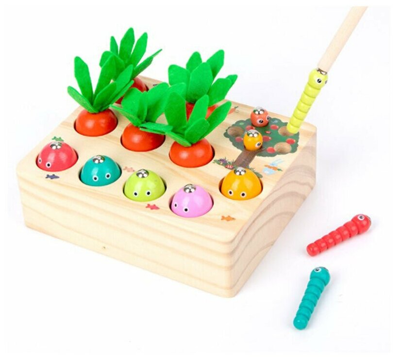 Деревянный сортер Морковки с магнитной рыбалкой и червячками для малышей, развивающая игра по методике Монтессори