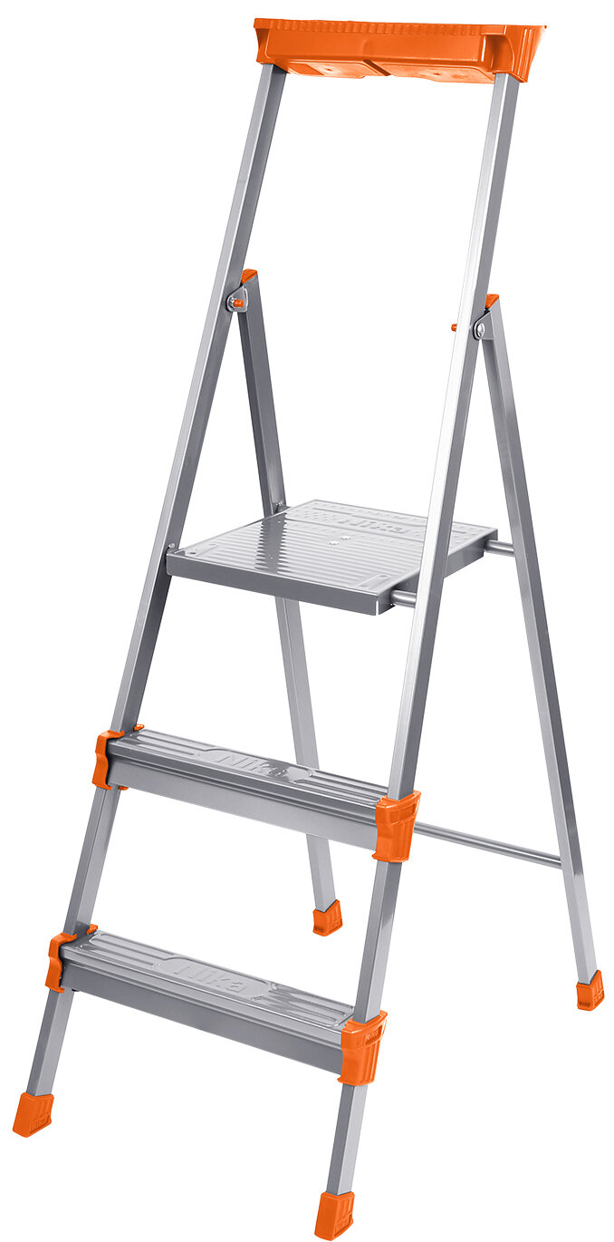 Стремянка НИКА 3ст нагр. max 150кг, стальная из профильной трубы 30х15мм, высота до рабочей площадки 620мм, ширина ступени 65мм, многофункциональный лоток для инструментов, вес 5кг