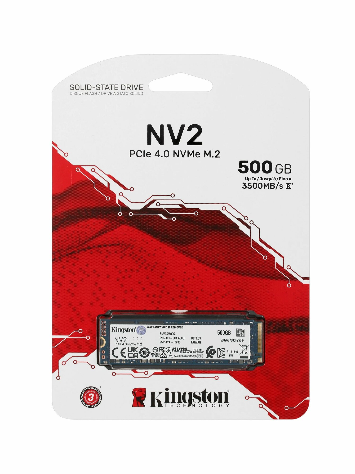 Накопитель SSD Kingston 500GB NV2, M.2(22x80mm), NVMe, PCIe 4.0 x4, 3D TLC, R/W 3500/2800MB/s, TBW 160