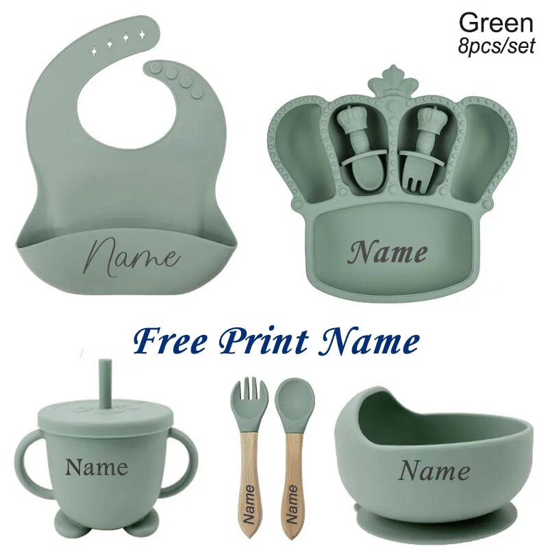 Тарелка с короной для детей, 8 шт, набор для кормления детей, детская силиконовая посуда, бесплатная персонализированная чаша с именем и логотипом на присоске, не содержит BPA Зеленый, Green 9 Pcs