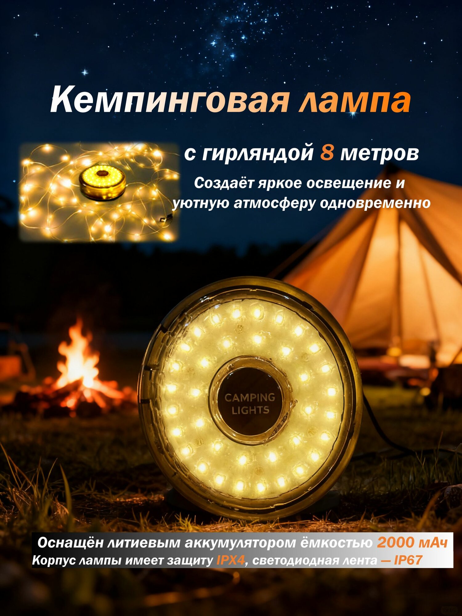 Кемпинговый фонарь, с 8 м светодиодной лентой, IPX-4, черный