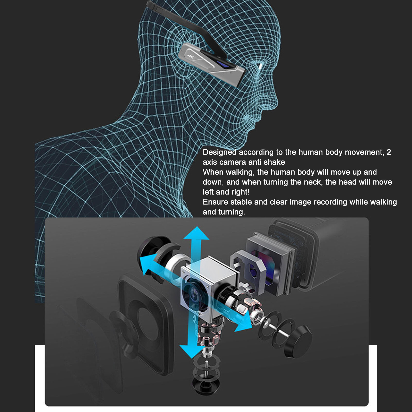 Видеокамера 4K, Wi-Fi, камера с креплением на голову, 20 МП, автофокус, антивибрационный стабилизатор, носимая камера для видеоблога, свободные руки, с приложением для занятий спортом на открытом воздухе