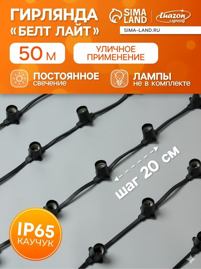 Гирлянда Белт-лайт 50 м, IP65, 2W, тёмная каучуковая нить, шаг 20 см, Е27 (без ламп), 220 В