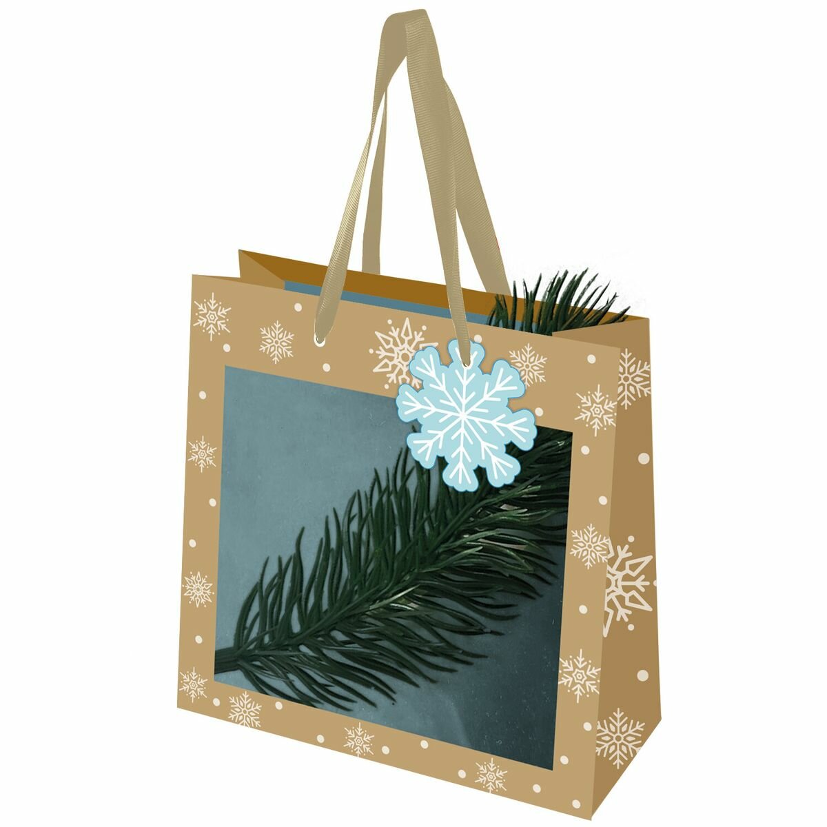 Пакет подарочный новогодний, 20х8х20см, "Snowflakes", прозрачное окно, крафт, золотая сказк (592444), 12 уп.