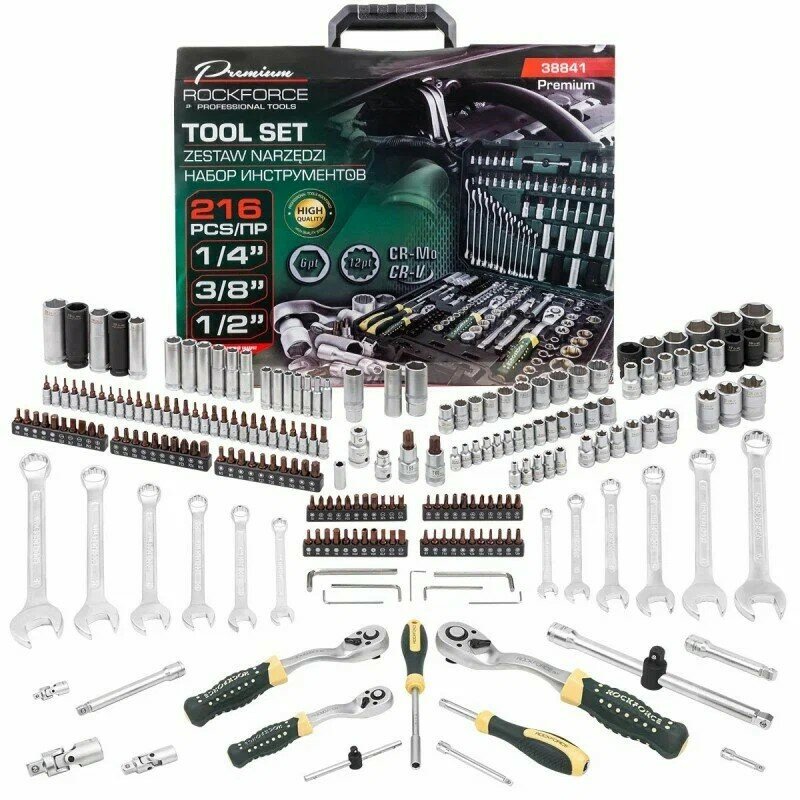 Набор инструментов 216 предметов слесарно-монтажный 1/2", 1/4", 3/8" 6-ти гран. ROCKFORCE