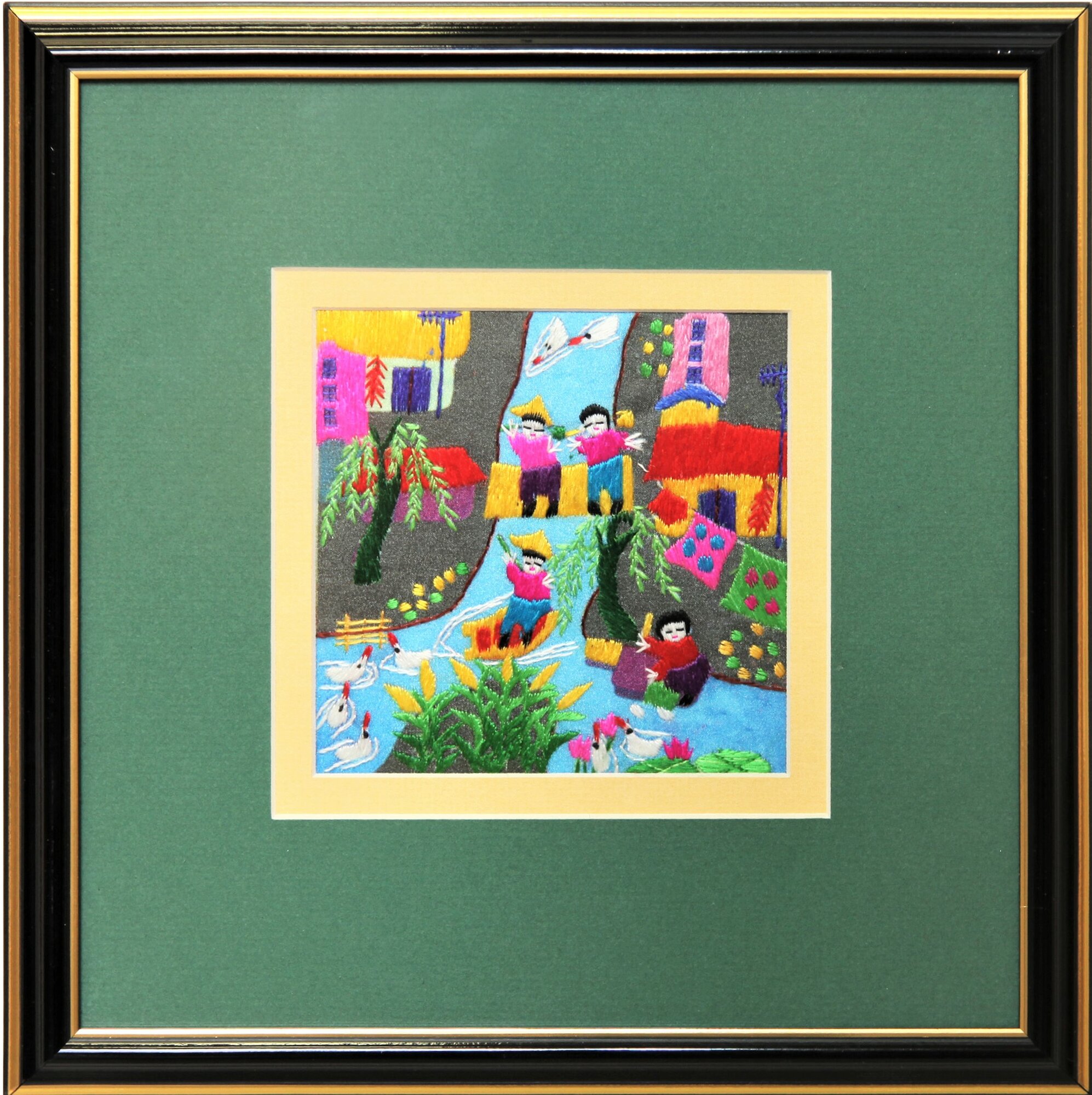 Картина Живой Шелк "На речке", вышивка шелком, ручная работа, багет и паспарту, 28 см х 28,5 см