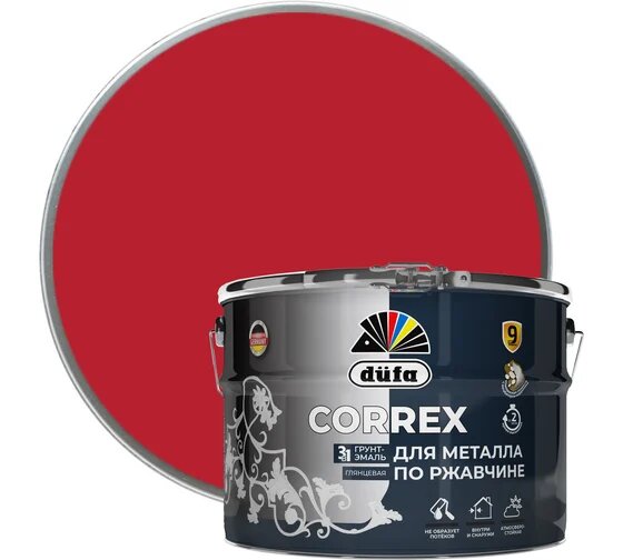 Dufa Грунт-эмаль по ржавчине гладкая Correx 3 в 1 RAL-3001 красный 10 л