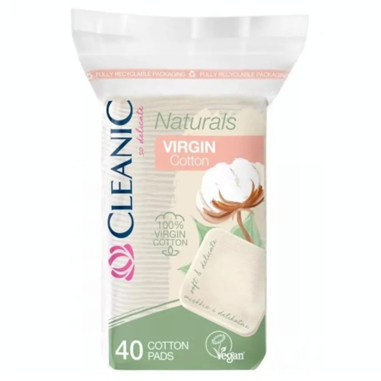 Диски ватные Cleanic Naturals, Virgin Cotton, квадратные, 100%, 40 шт.