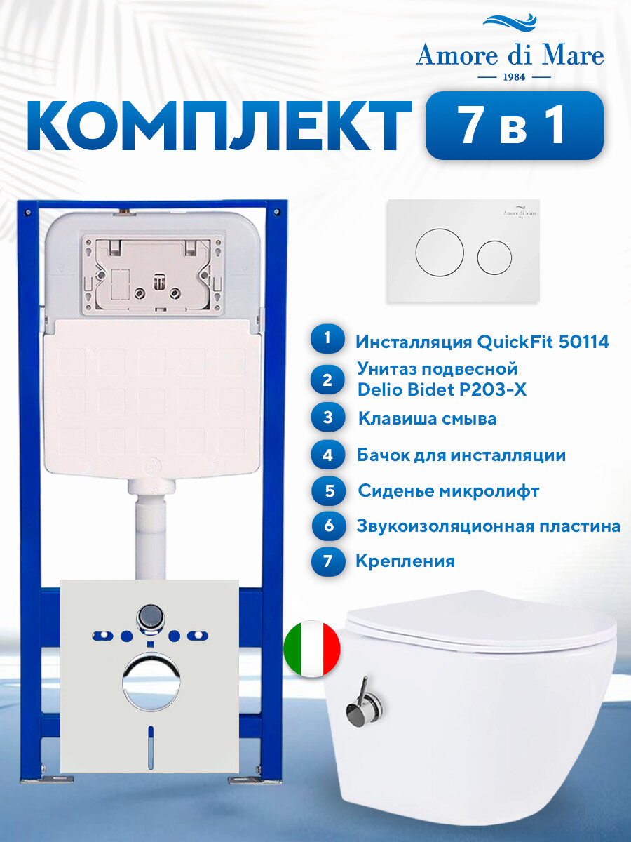 Комплект инсталляции Amore di Mare QuickFit 50114 с унитазом Delio Bidet P203-X с круглой кнопкой белой 303W 7 в 1, Италия