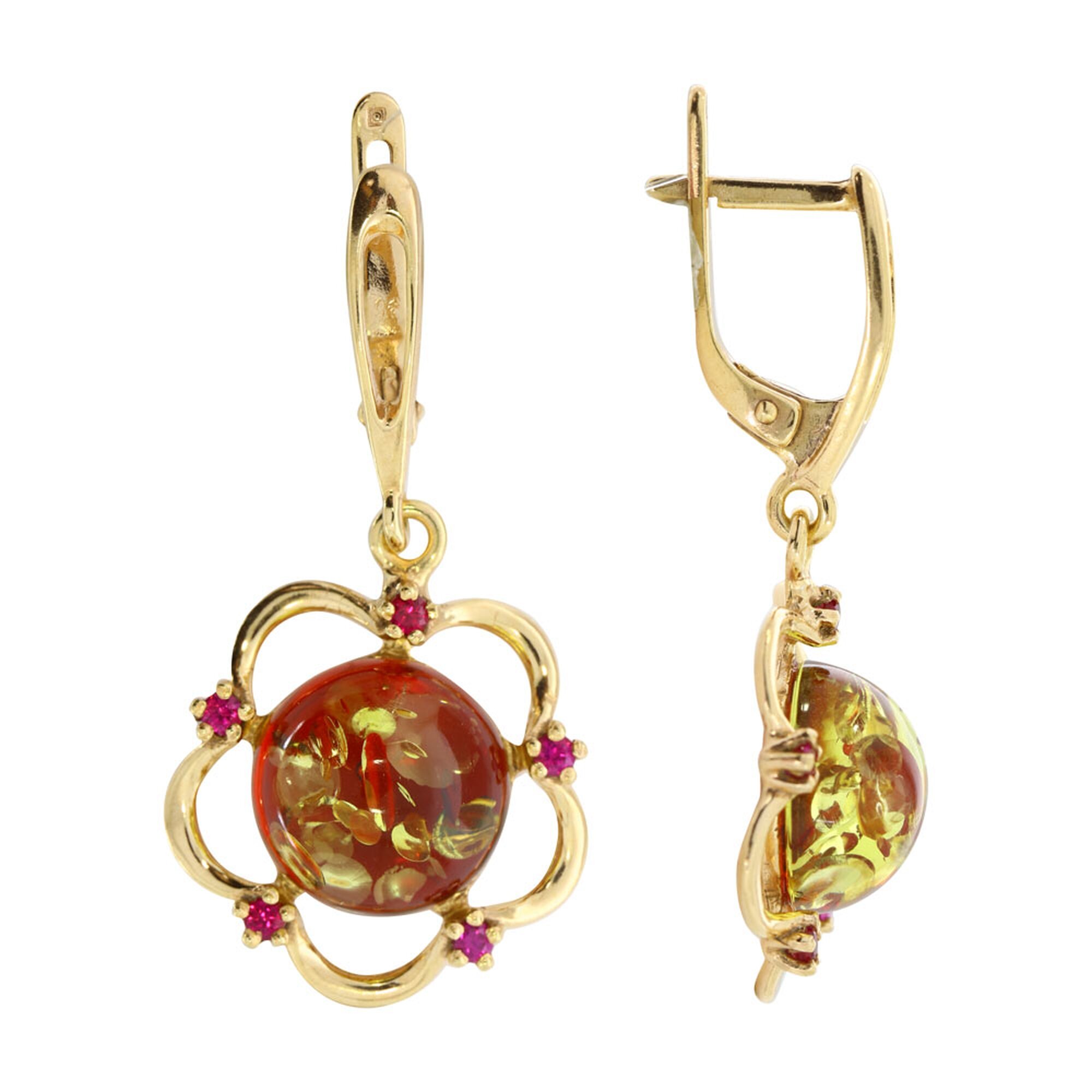 Серьги, серебро, 925 проба, золочение, янтарь, фианит
