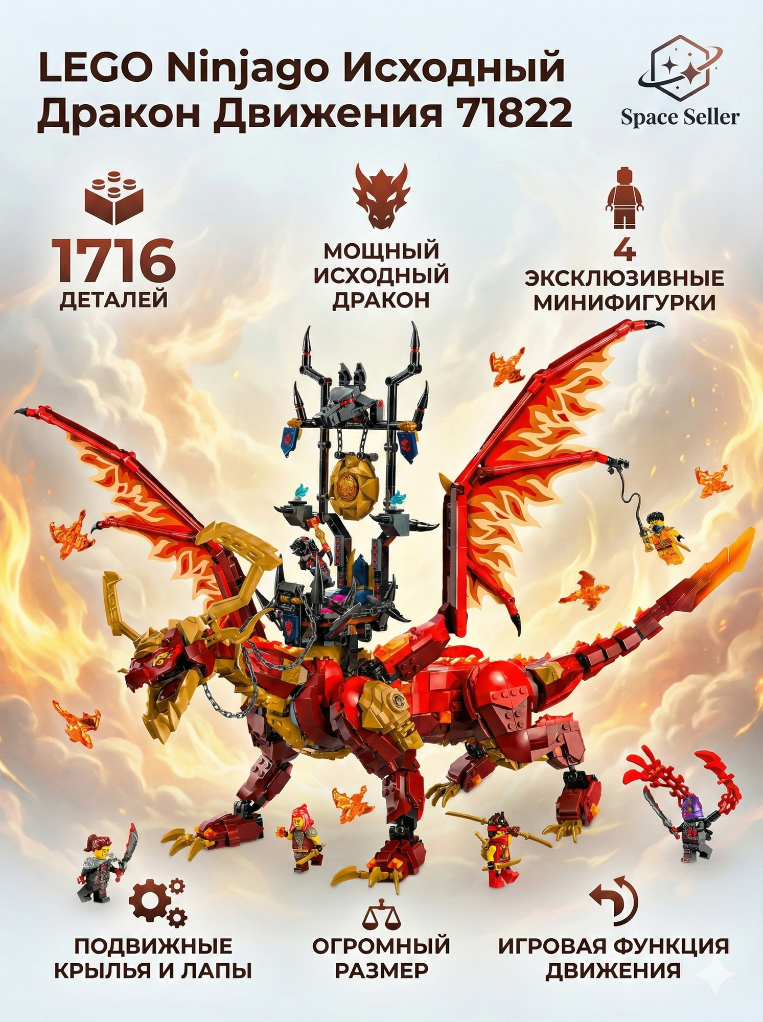 Самый большой дракон LEGO Ninjago Исходный Дракон Движения 71822 | 6 минифигурок , от 12 лет