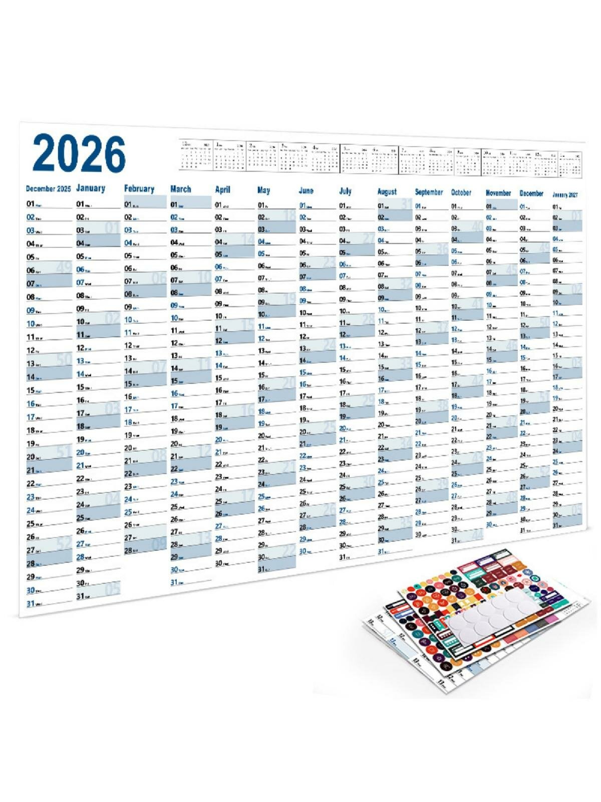 Годовой календарь Rainbow Designs на 2026 год для дома, офиса, школы, 10 многоразовых наклеек
