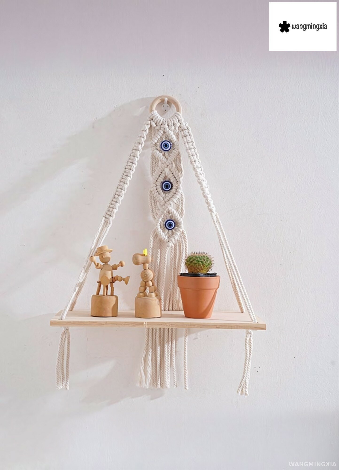 Эксклюзивная настенная полка из дерева с макраме, размер 60 на 32 см