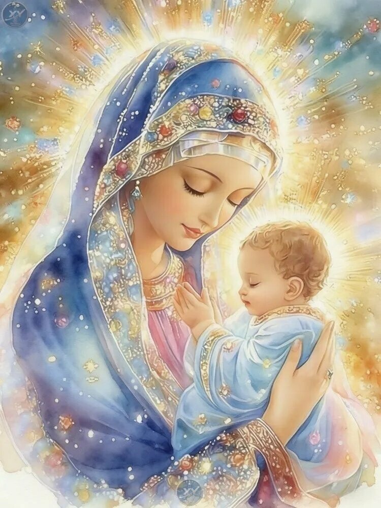 Алмазная картина "Богородица с Младенцем", 40X50 см. Православная икона, золотые узоры.