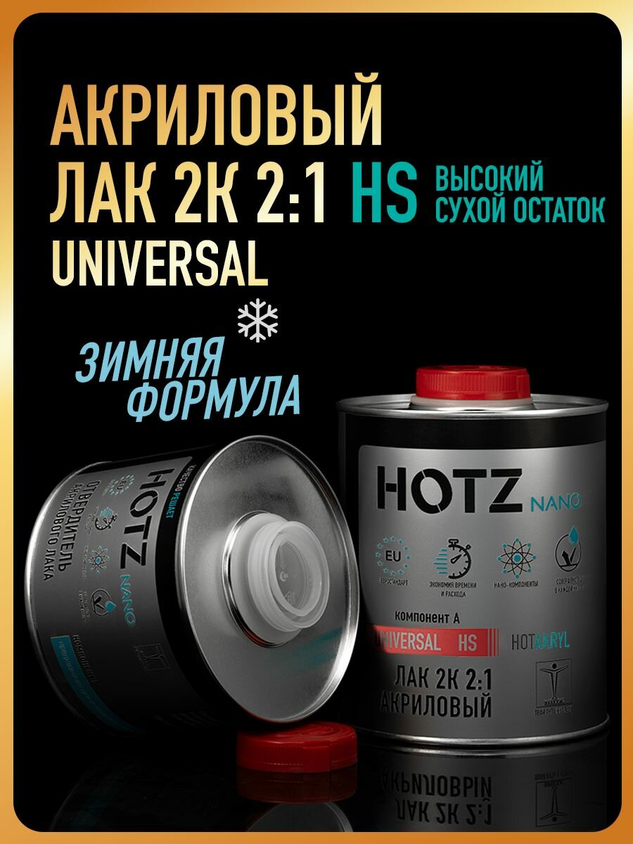 Лак автомобильный акриловый 2К HS Универсальный, глянцевый, премиальный, двухкомпонентный HOTZ Комплект (лак: 1 л + отвердитель: 0,5 л)