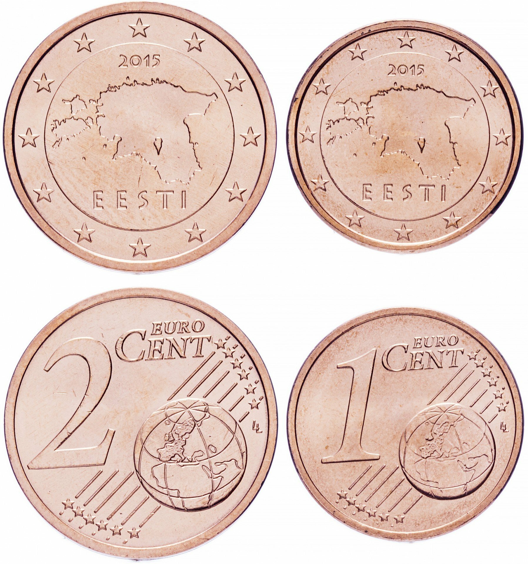 Эстония набор монет 1 и 2 евро цента 2015 2 штуки, Сталь, в сохранности UNC